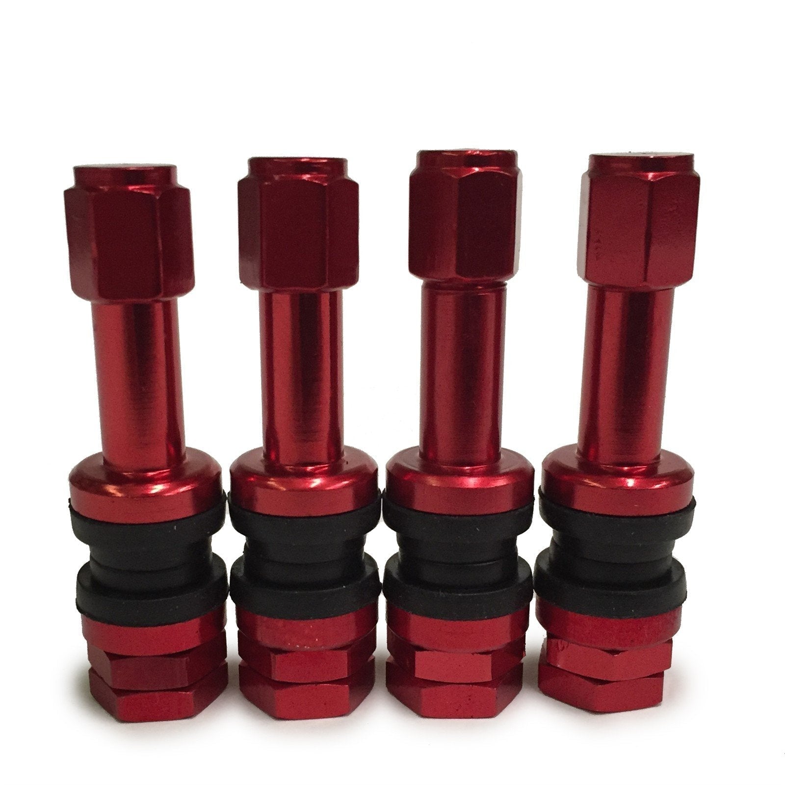 Valve Stems and Caps Red Metal Bolt-In Style Set of Four